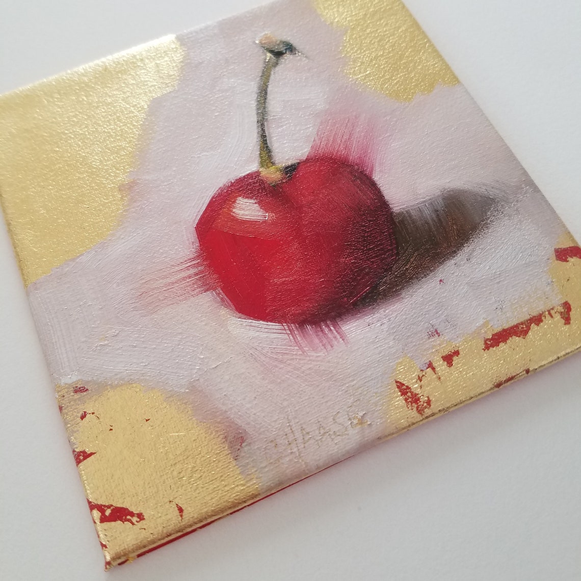 Original Cherry Oil Painting on Gold Leaf, Kitchen Art (4x4) - Etsy