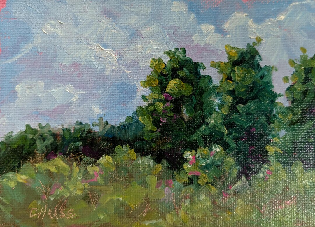 Original 5 X 7 Oil Painting, Landscape Painting, Tree Line, Blue Sky ...