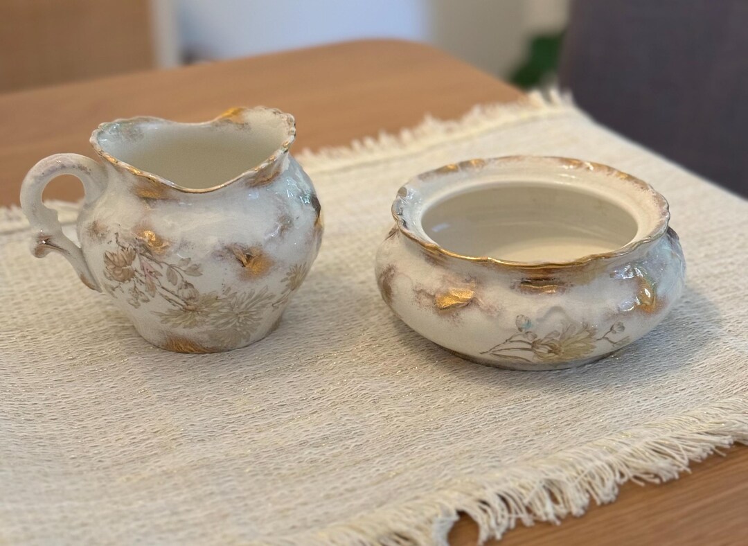 Vintage Mercer Pottery Pitcher and Bowl in White With Gold Accents ...