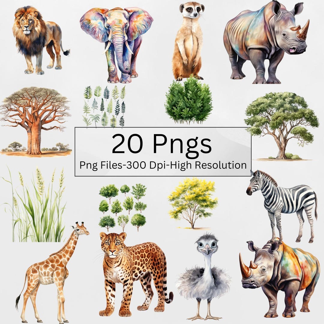 Safari Animals Watercolor Clipart Bundle, Safari Clipart Animals Png ...
