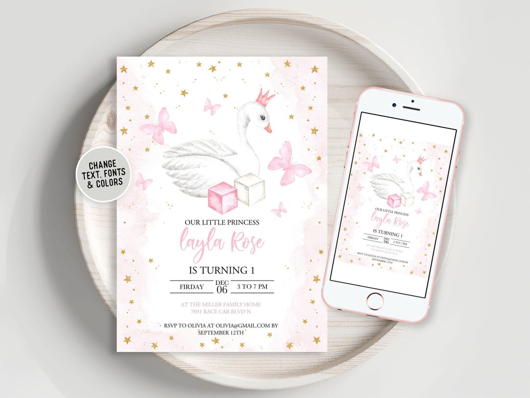 Swan Birthday Invitation, Swan Invitation, Swan Princess Invitation ...