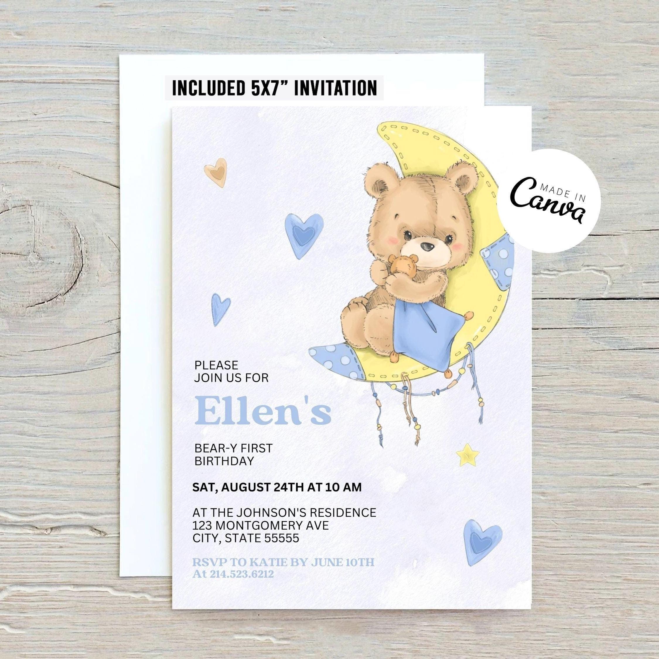 1st Birthday Sleeping Teddy Bear Baby Blue. Printable Editable Template ...