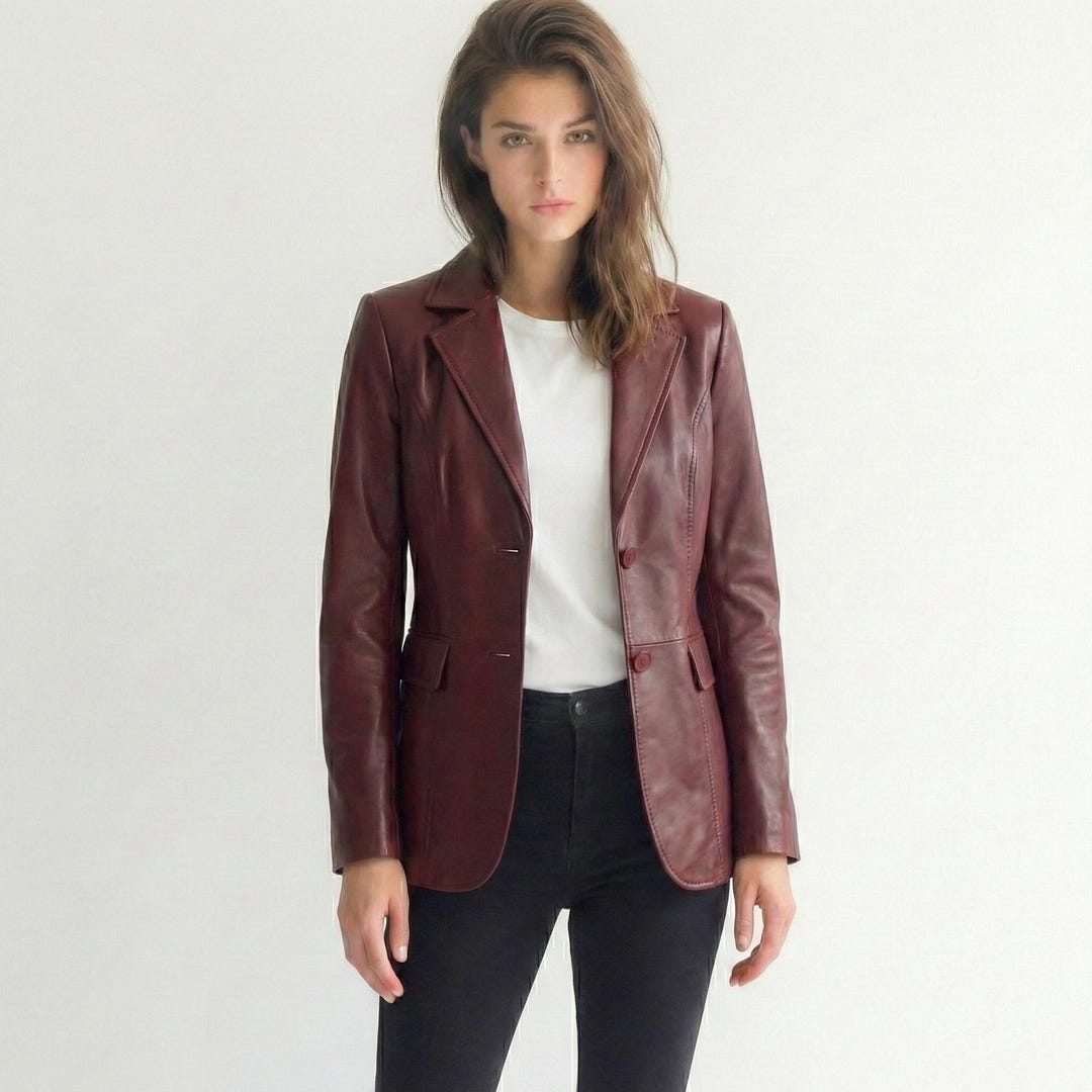 Women’s Burgundy Real Leather Blazer-slim Fit Sheepskin Wine Red Jacket ...