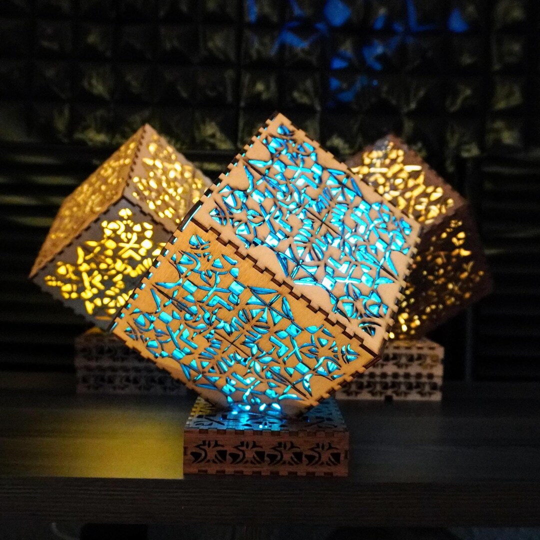 Radiant Wood Shadow Lamp: Geometric Light Cube, Night Light, Lantern ...