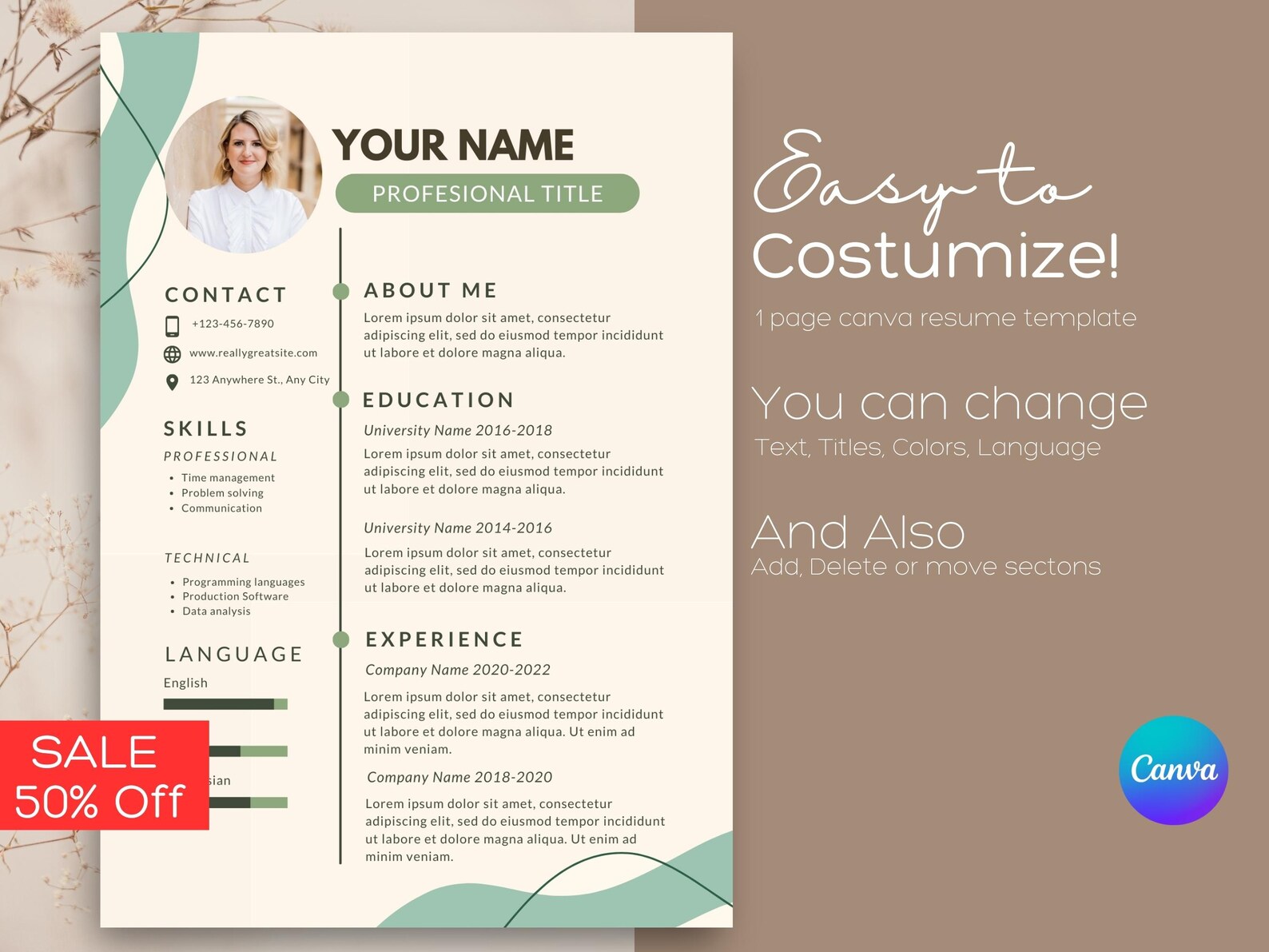 Curriculum Vitae, Canva Resume Template , Cv Template, Easy Resume ...