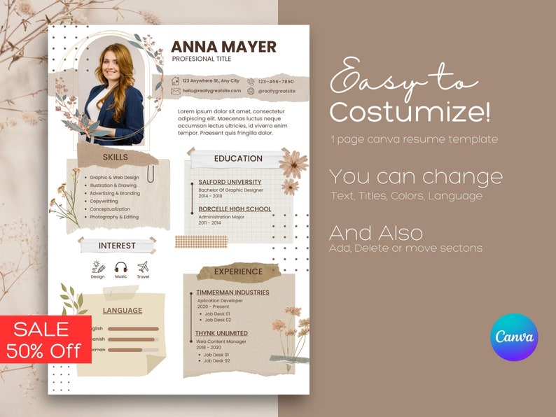 Curriculum Vitae, Canva Resume Template , Cv Template, Easy Resume ...