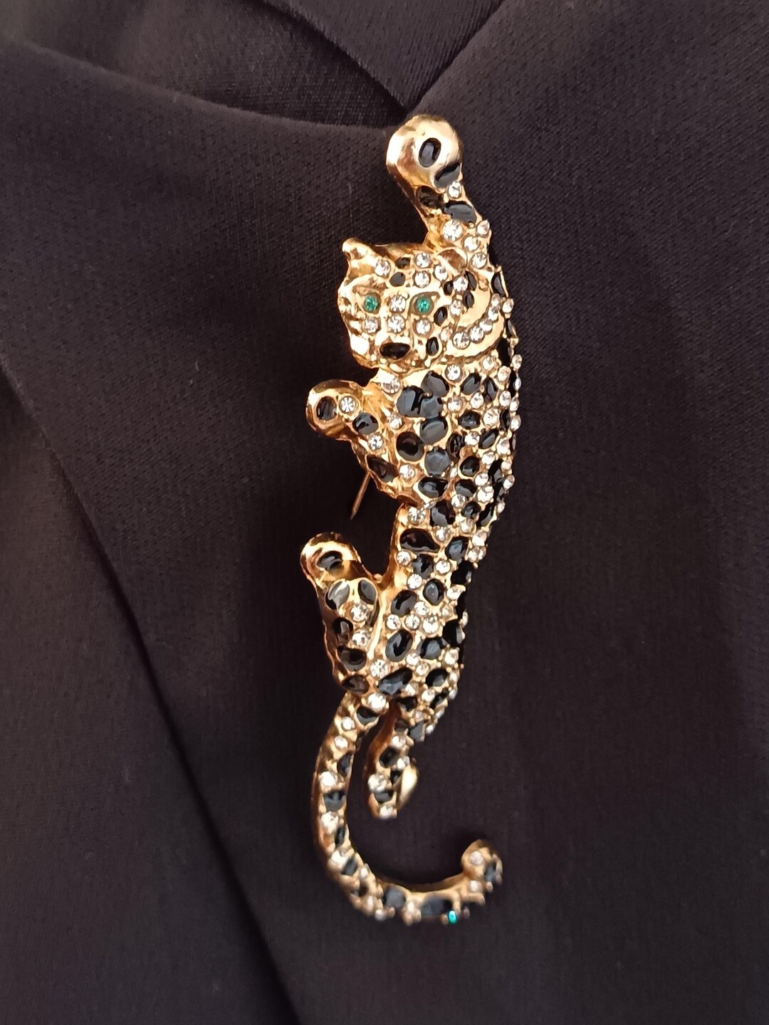 Large Leopard Brooch, Gold, White & Black Rhinestones - Etsy