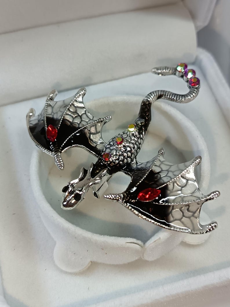 Steel Dragon Brooch, Black and Steel Color, Red Zircons, Jewelry for ...