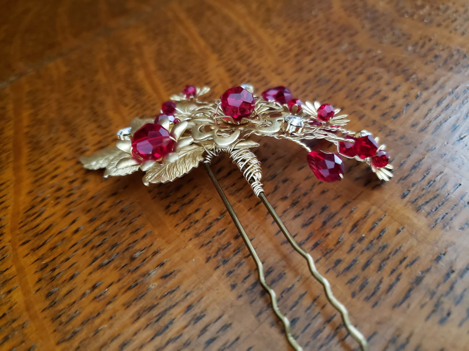 Red and Gold Hair Pin With Swarovski Crystals Modern Tea - Etsy