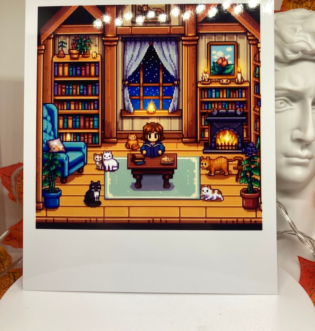 BOOKWORM KITTY/ Gaming Style Pixel Art, Books Cat Polaroid/ Autumn Vibe ...