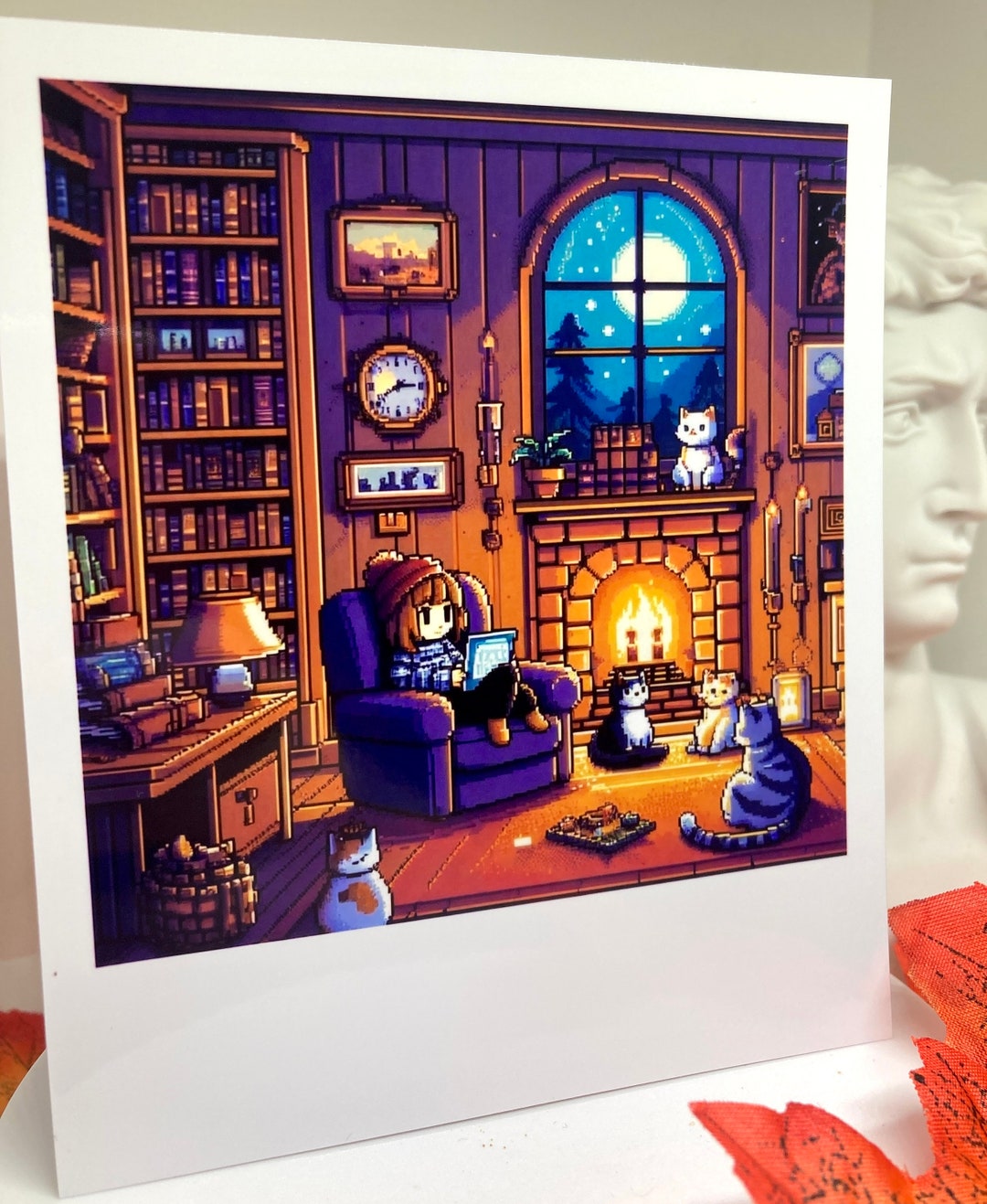 BOOKWORM CABIN/ Gaming Style Pixel Art, Books Cat Polaroid/ Autumn Vibe ...