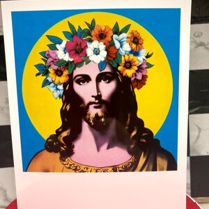 Divine Pop Art Polaroid: Jesus in Bloom - Cyan & Yellow Statement Piece ...