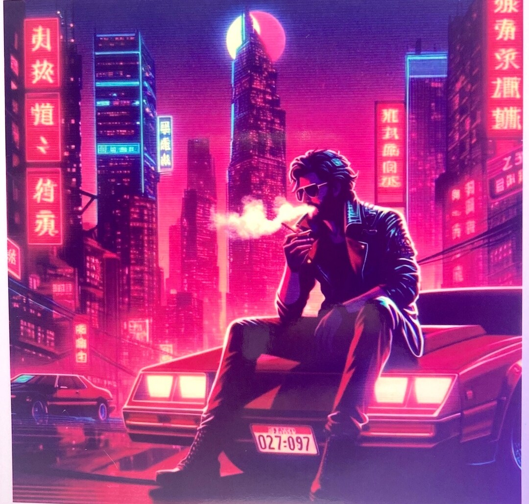 THE DRIVER/ Retrowave Vaporwave Style Polaroid of Lone Wolf Man Smoking ...