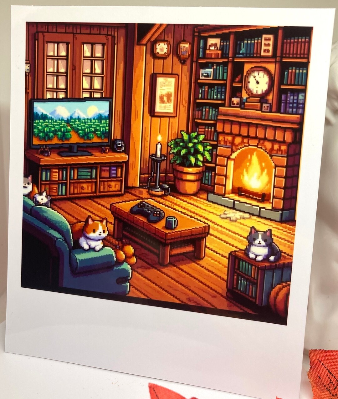 COZY CAT CABIN/ Gaming Style Pixel Art Cat Polaroid/ Autumn Vibe ...