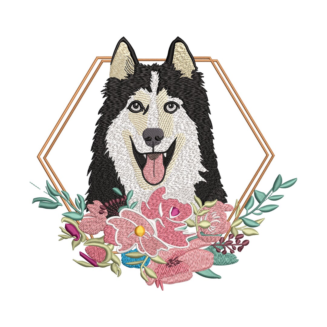 Floral Siberian Husky Embroidery Designs, Dog Machine Embroidery Design ...