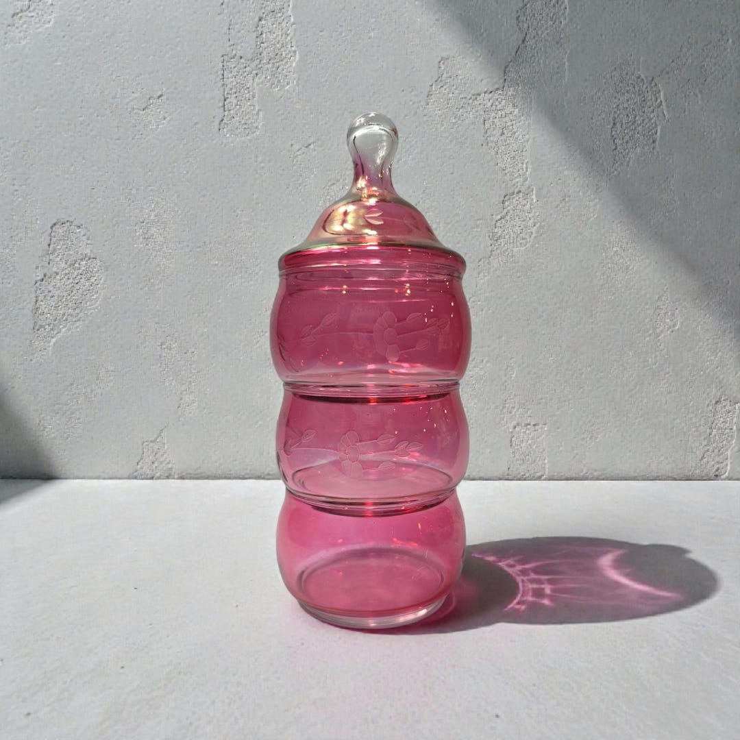 1960's Princess House Cranberry Stain Cut Floral 3 Tier Stacking Candy ...