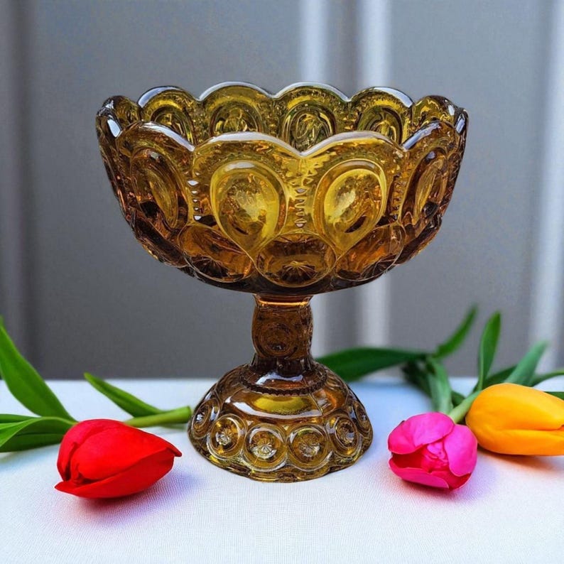 Vintage L.E. Smith Vintage Amber Moon and Stars Pedestal Compote - Etsy