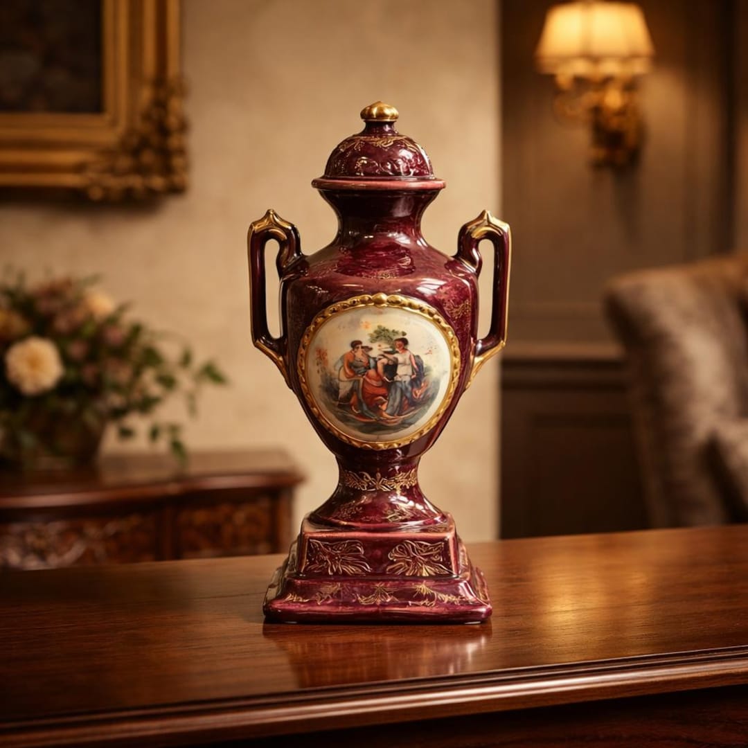 Vintage Empire Ware Urn: Hand-painted Red Vase With Gilt Handles - Etsy