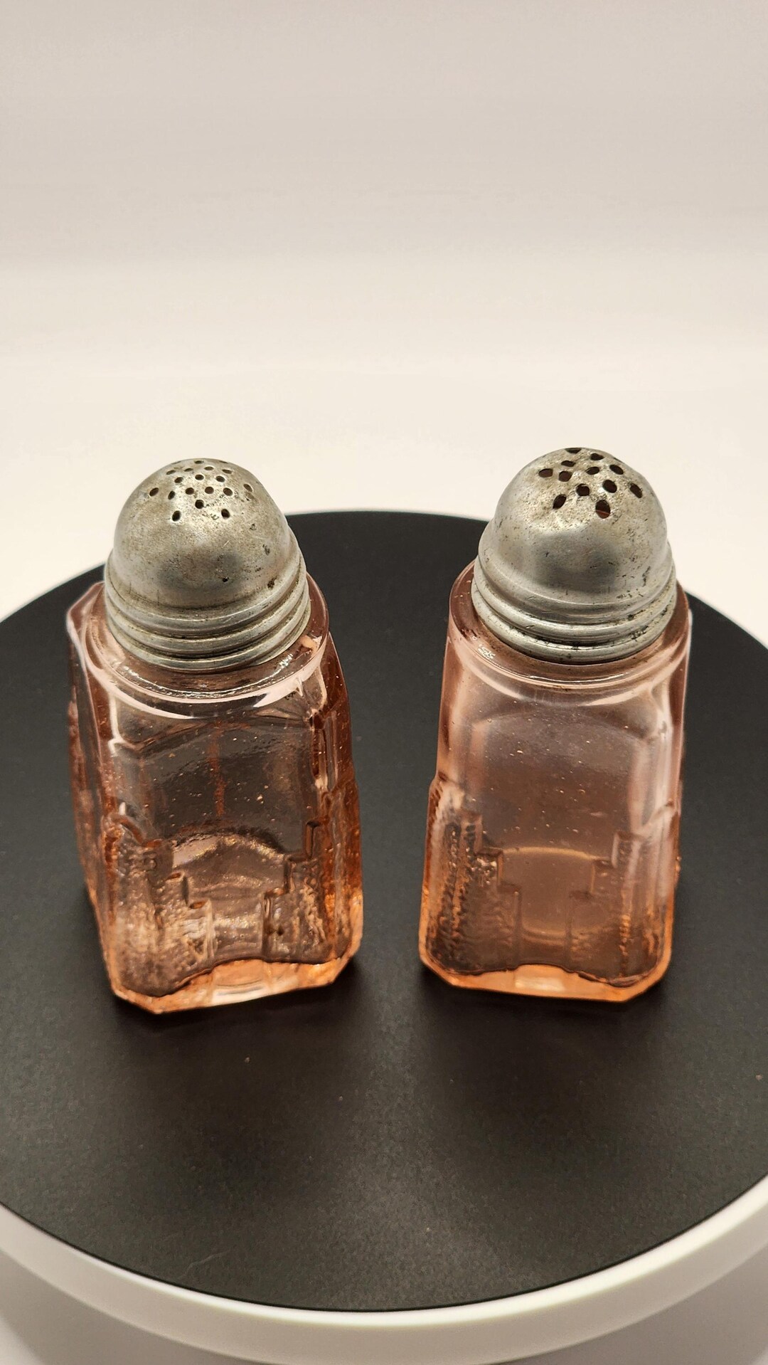 Pink Depression Glass Art Deco Salt & Pepper Shakers sky Scraper 3 - Etsy