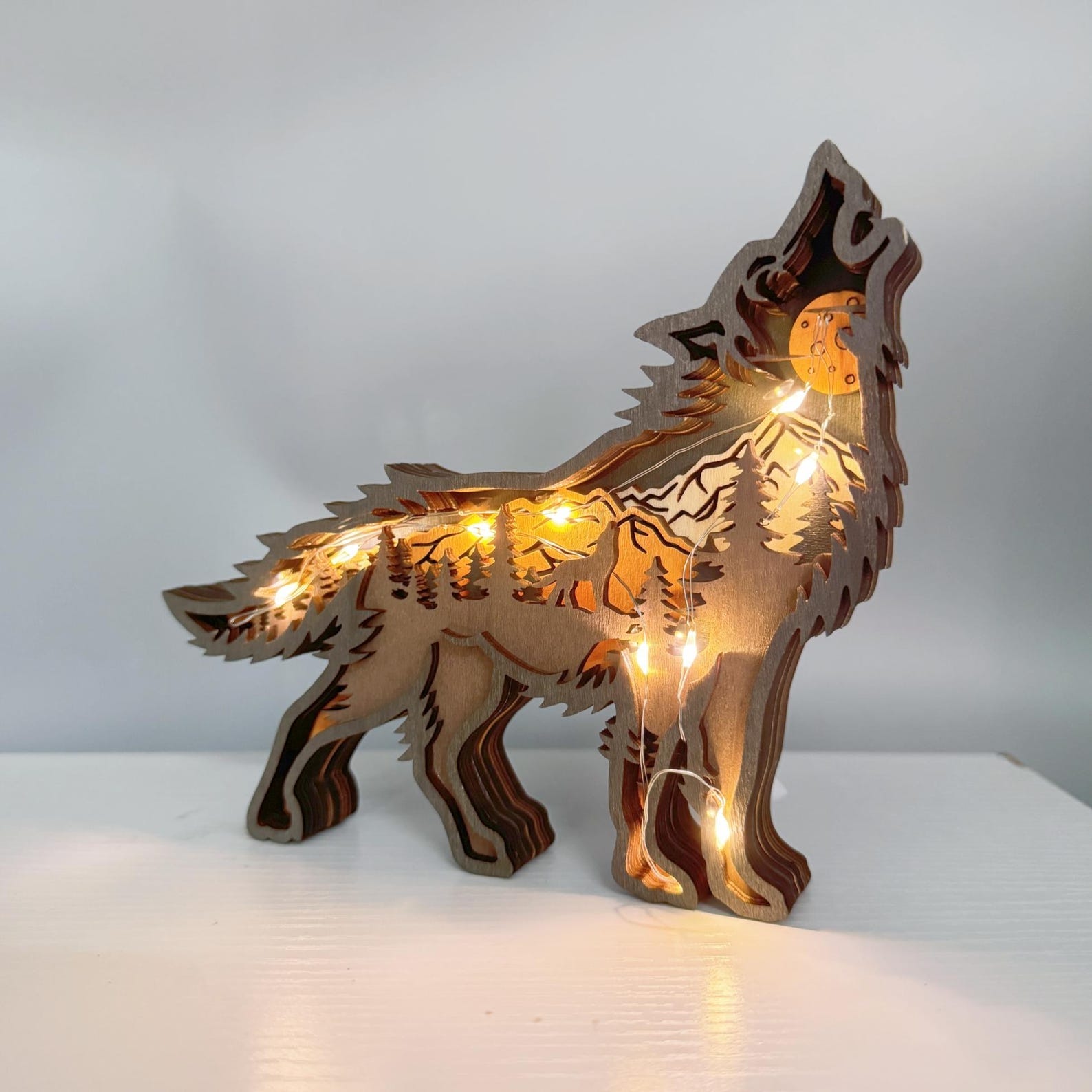 Custom Wooden 3D Wolf With Lights,hand-carved Animal Lights,engraved ...