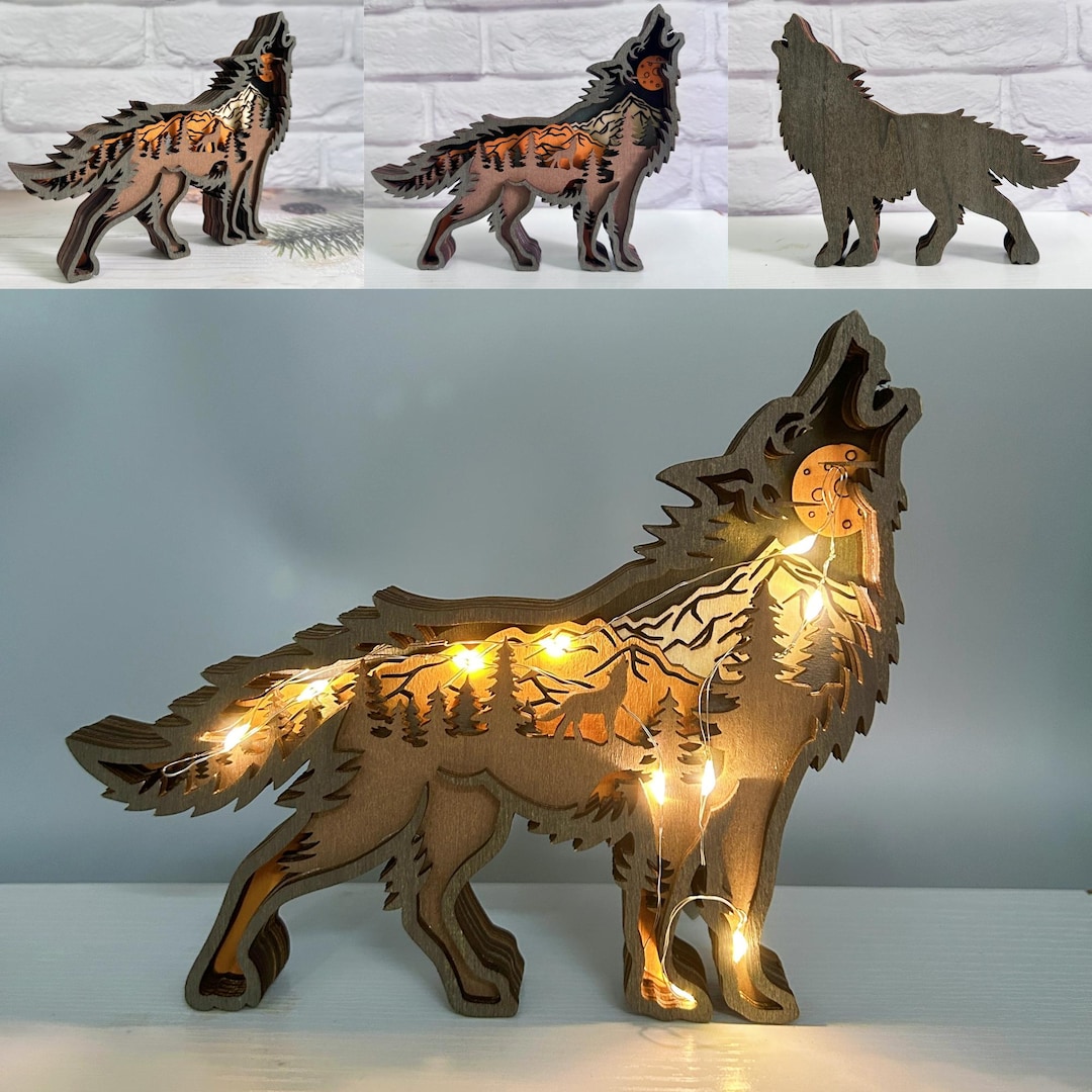 Custom Wooden 3D Wolf With Lights,hand-carved Animal Lights,engraved ...