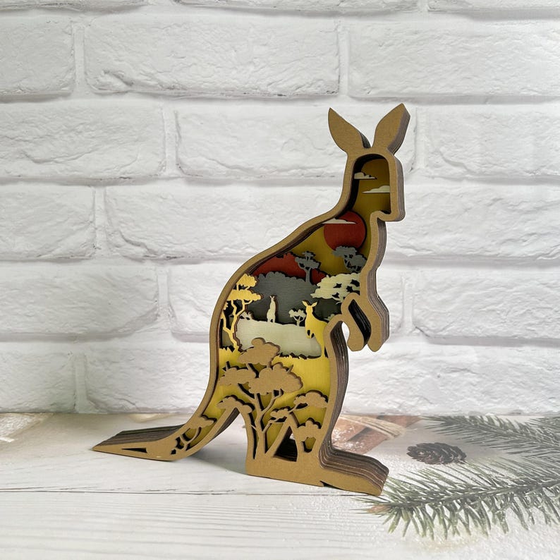 3D Wooden Kangaroo Desk Decor With Lights,wooden Wild Animal Craft ...