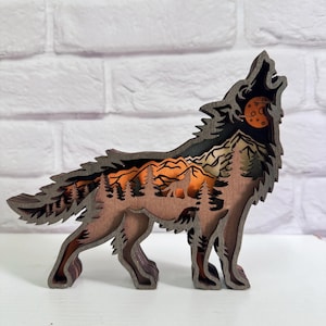 Custom Wooden 3D Wolf With Lights,hand-carved Animal Lights,engraved ...