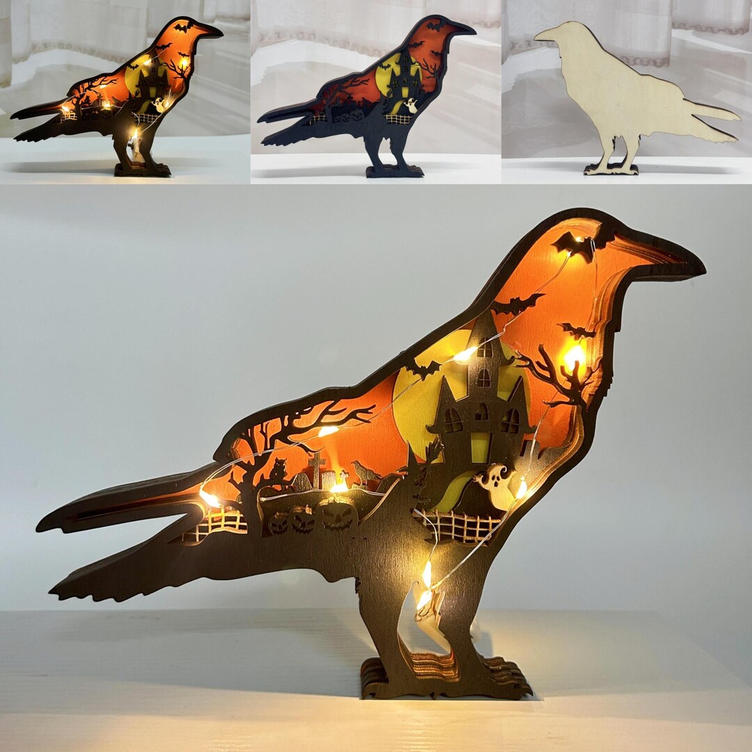 3D Carved Wooden Crow Lights,halloween Spooky Crow Decor,wooden Animals ...