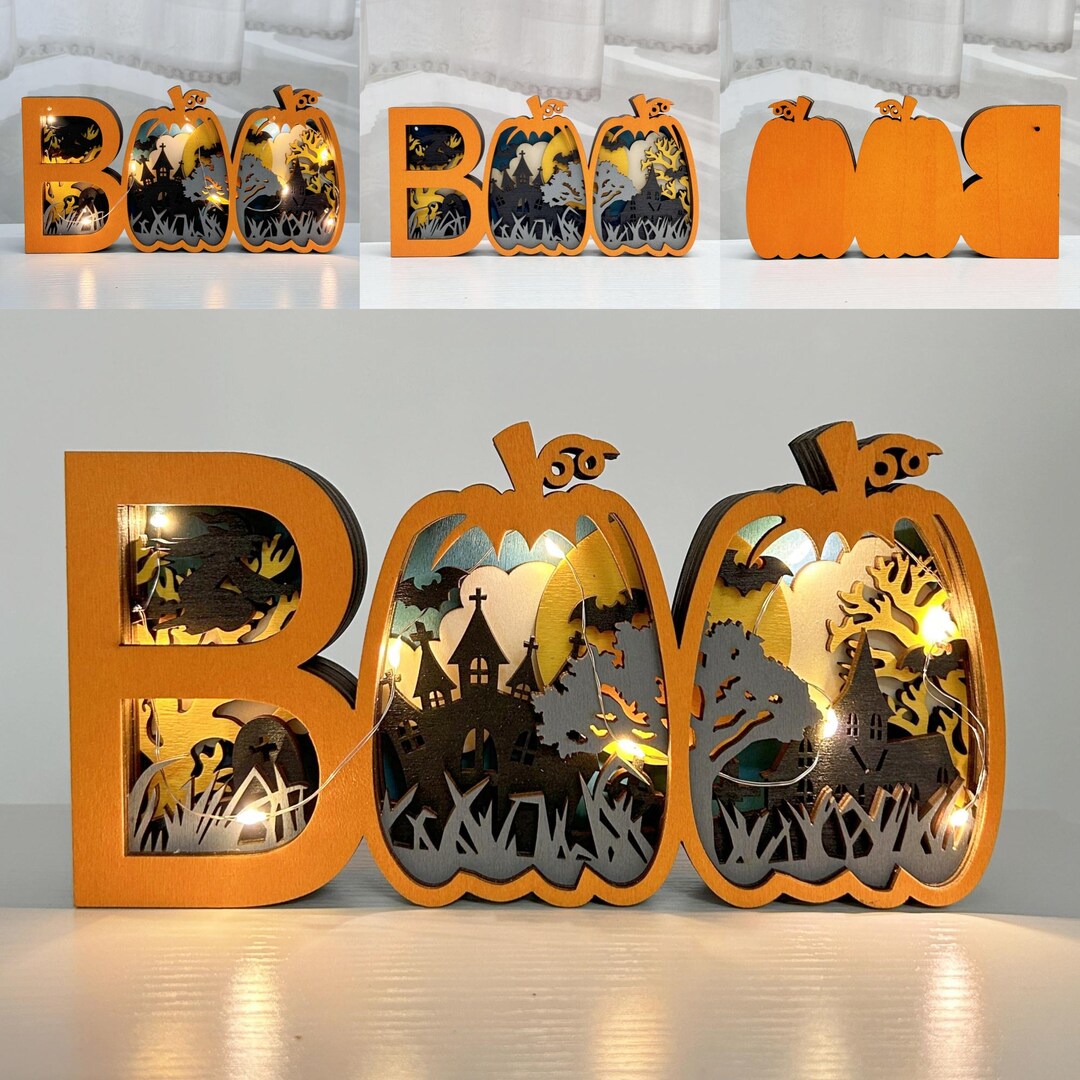 3D Carved Wooden BOO Letter Pumpkin Ornament,wooden BOO Sign,wooden ...