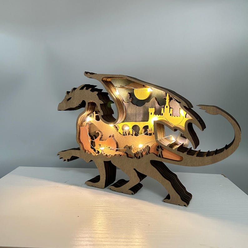 Wooden 3D Carved Flying Dragon With LED Lights,wood Animals Desk Decor ...