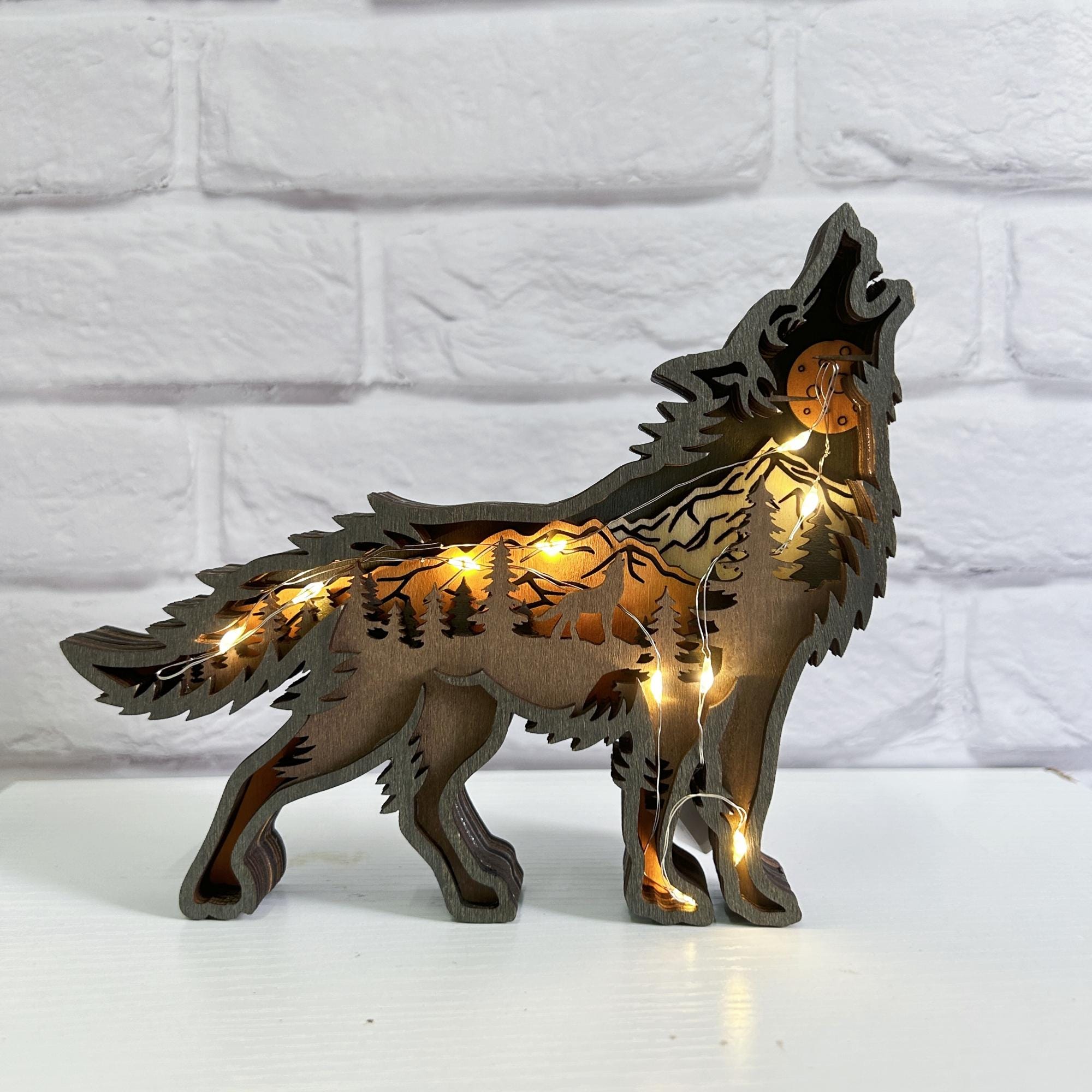 Custom Wooden 3D Wolf With Lights,hand-carved Animal Lights,engraved ...