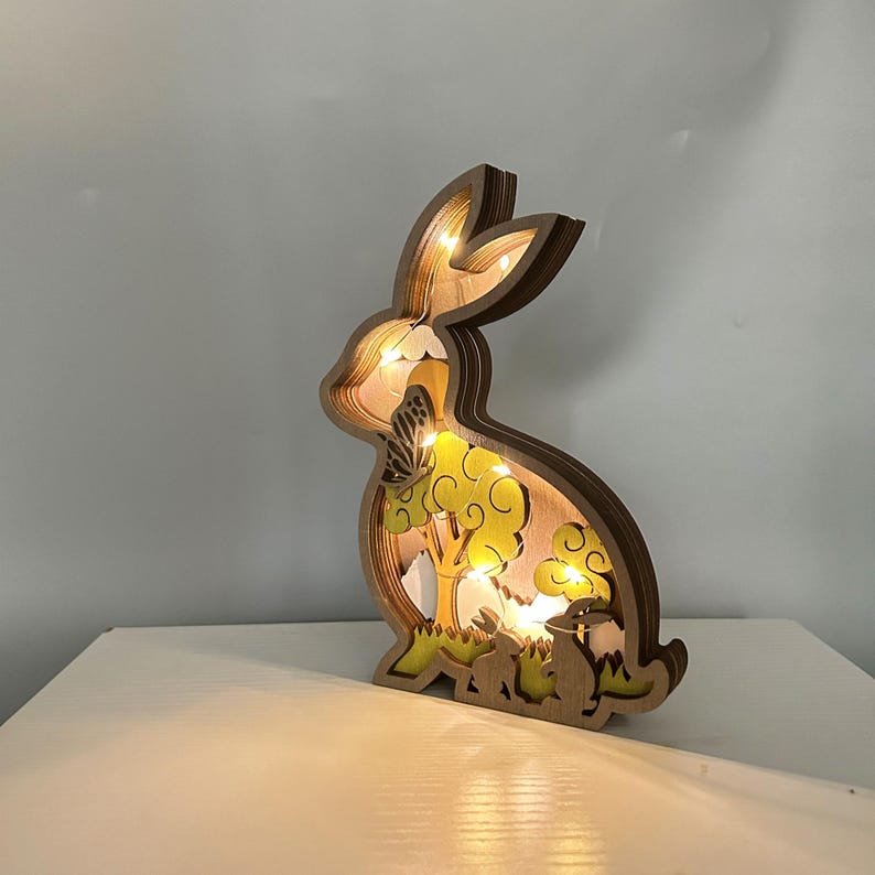 Custom 3D Hand-carved Wooden Rabbit Desk Decor With Lights,wooden ...