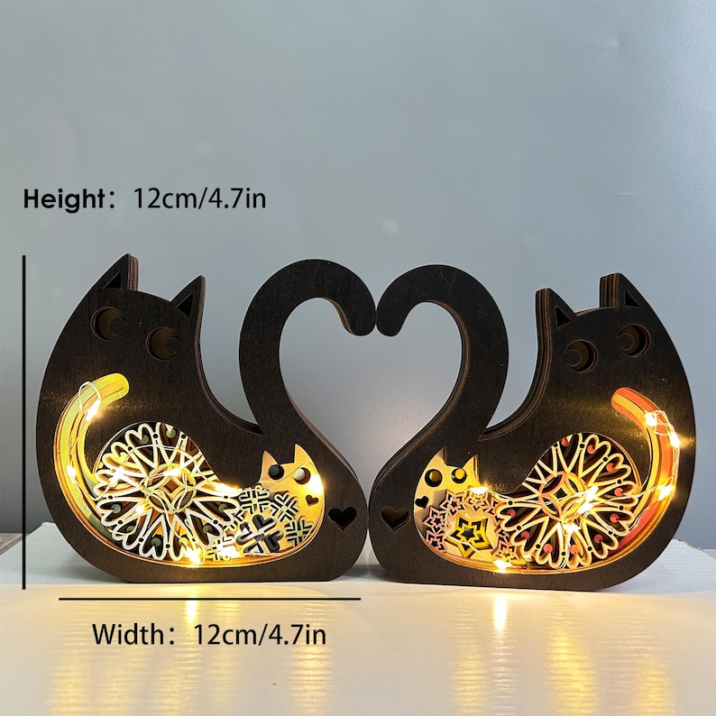 Cute Handcarved 3D Wooden Cat With LED Lights,black Cat Desk Ornament ...