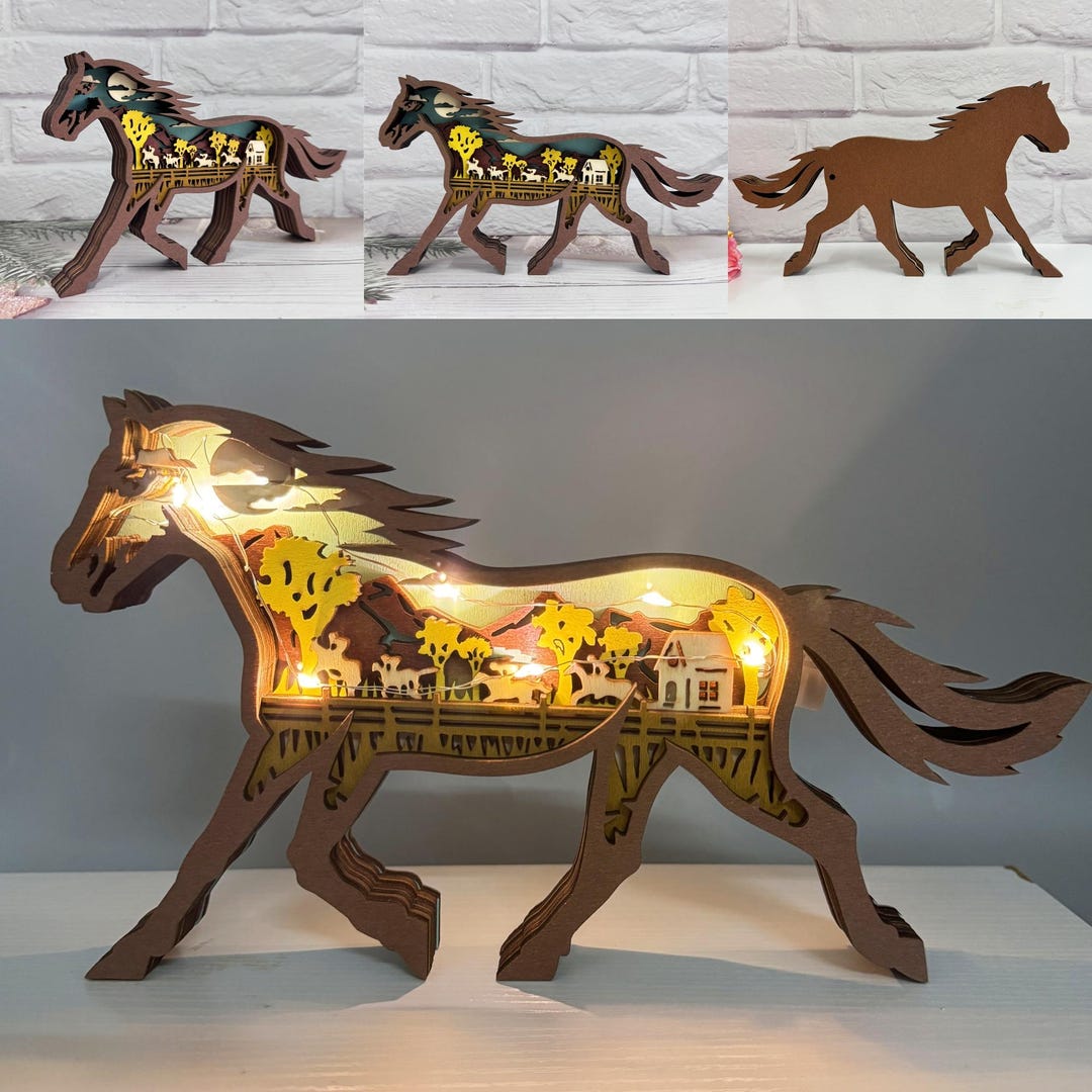 Custom Handcarved Wooden 3D Horse With LED Lights-wooden Horse Desk ...