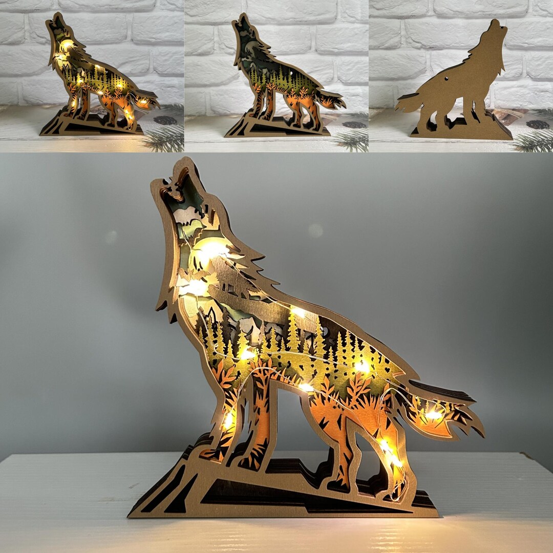 Custom 3D Hand-carved Wooden Wolf With LED Lights,wooden Animal Lights ...