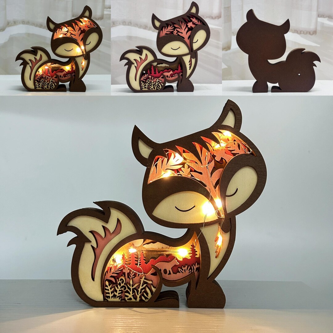 Kawaii Wooden Handcarved 3D Fox With LED Lights,fox Desk Ornaments ...