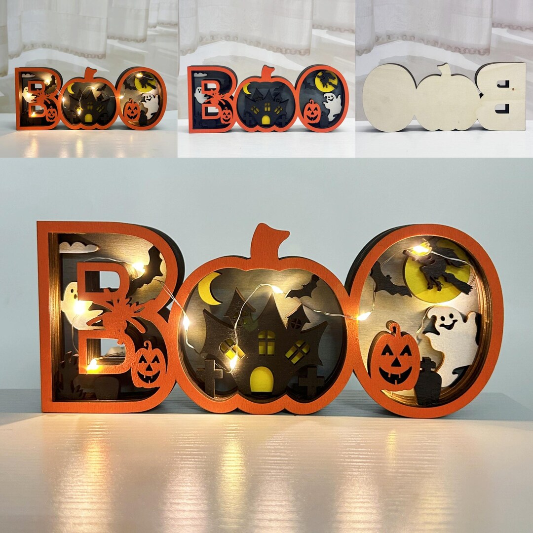 3D Carved Wooden BOO Letter Pumpkin Light,wooden BOO Decor,wooden ...