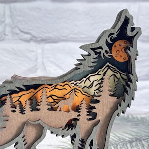 Custom Wooden 3D Wolf With Lights,hand-carved Animal Lights,engraved ...