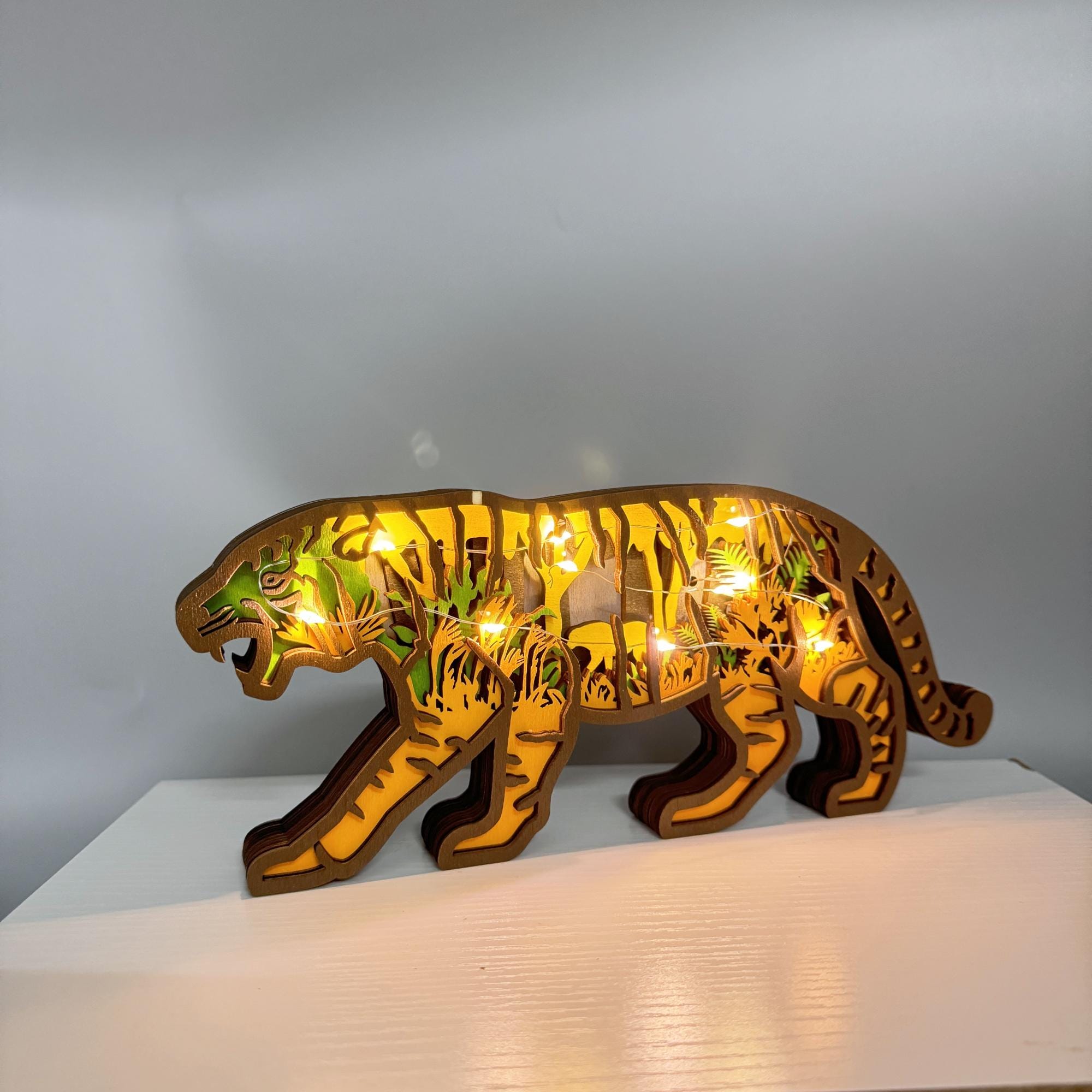 Custom Wooden Handcarved 3D Tiger With LED Lights,wooden Tiger Desk ...