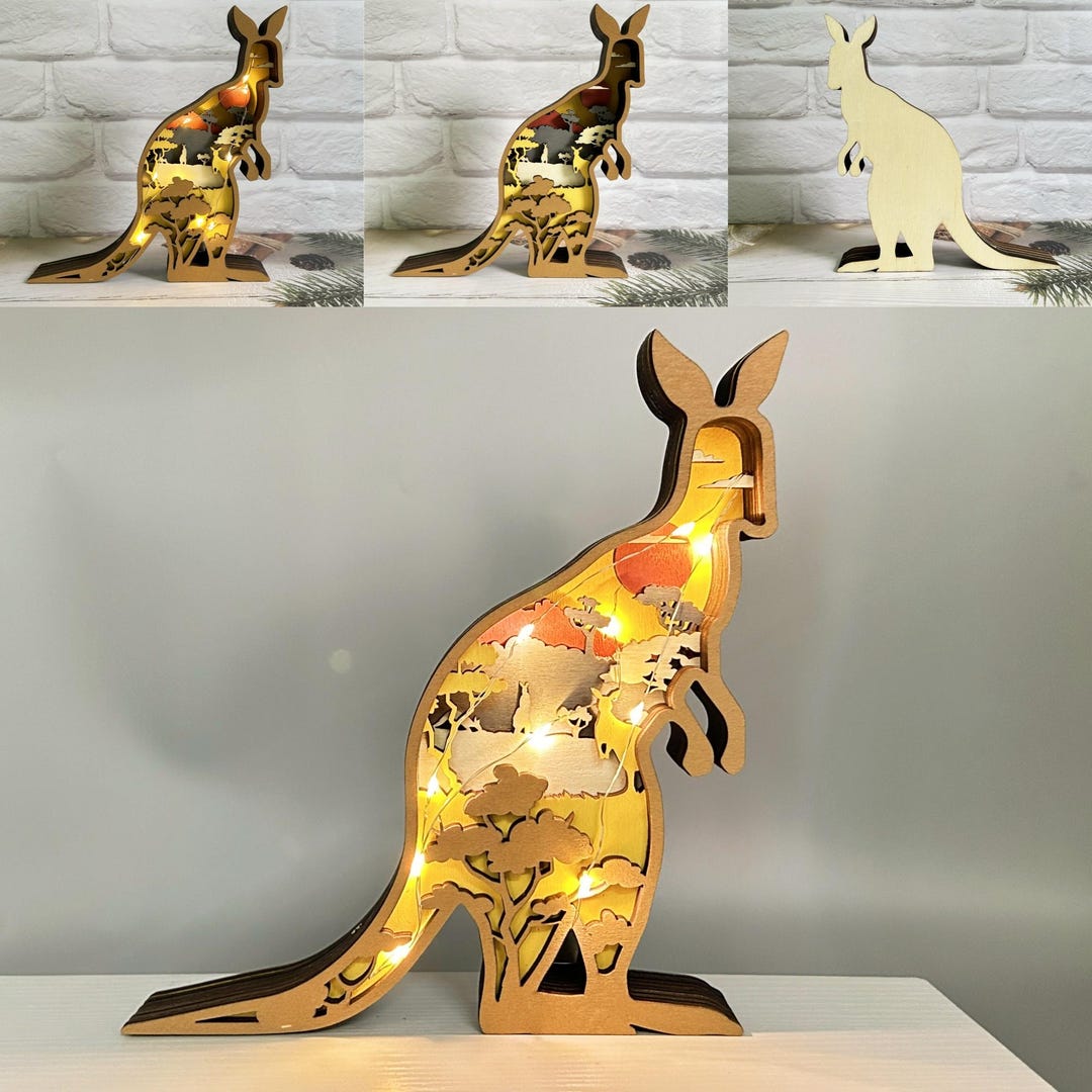 3D Wooden Kangaroo Desk Decor With Lights,wooden Wild Animal Craft ...
