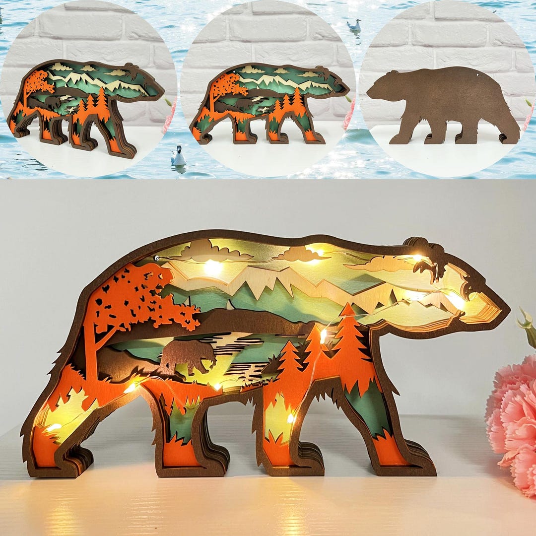 Custom 3D Hand-carved Wooden Bear Desk Ornament With Lights-wooden ...