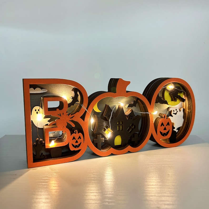 3D Carved Wooden BOO Letter Pumpkin Light,wooden BOO Decor,wooden ...