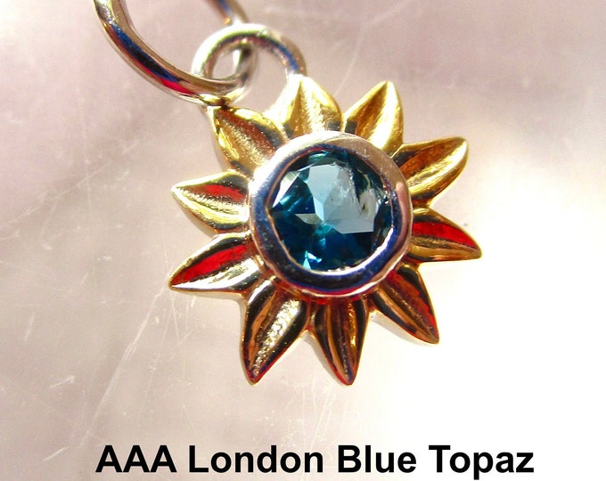 Two Tone Silver 14K Gold Gemstone Flower Charm, AAA London Blue Topaz ...