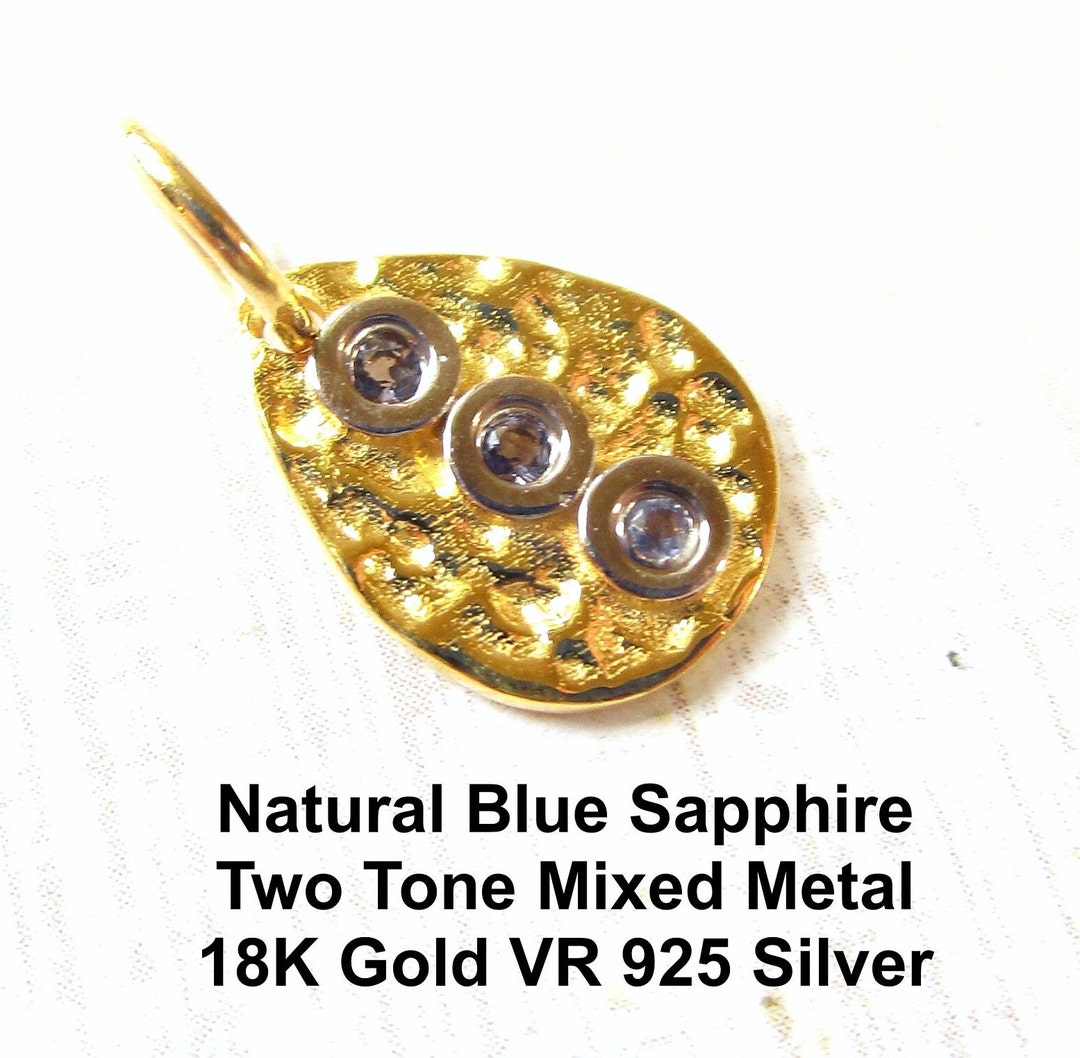 Natural Blue Sapphire Gemstone Charm, Three Stone Pendant , 18kt Gold ...