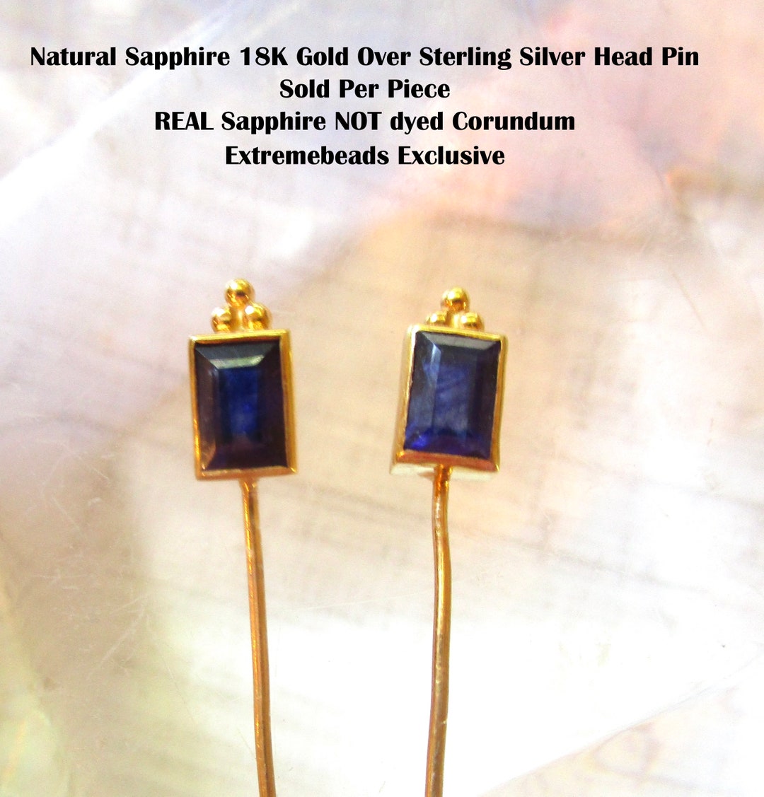 18K Gold VR Head Pin Finding, Natural Blue Sapphire Baguette Gemstone ...