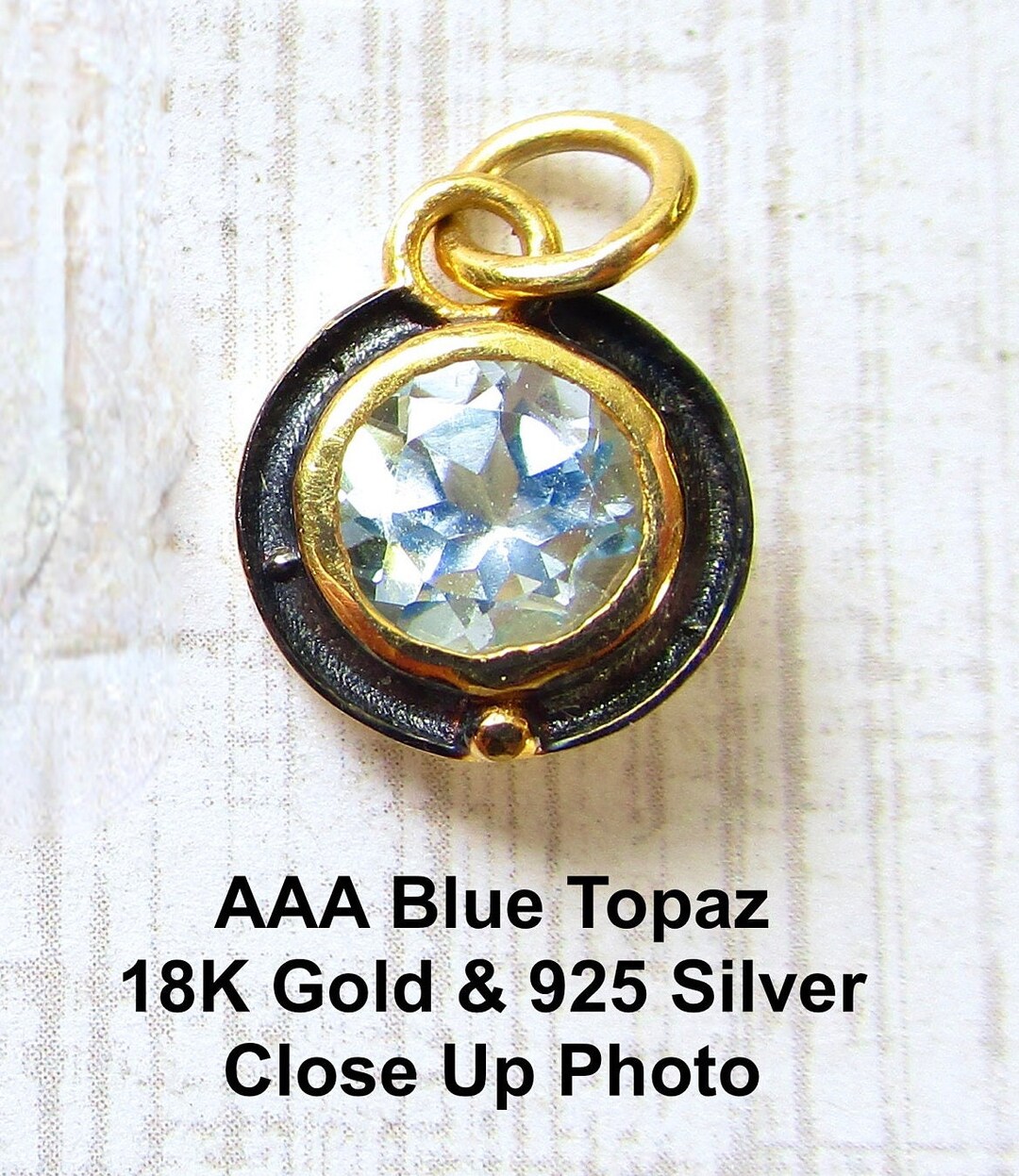 AAA Blue Topaz Gemstone Charm, Two Tone 18K Gold Oxidized Sterling ...