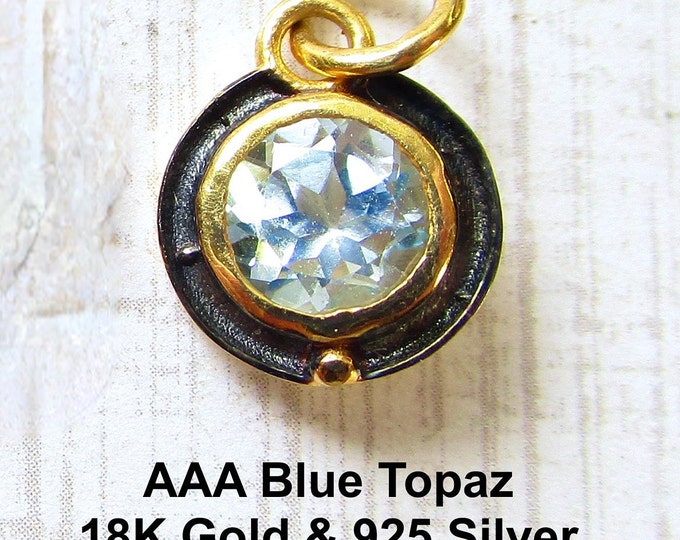 AAA Blue Topaz Gemstone Charm, Two Tone 18K Gold Oxidized Sterling ...