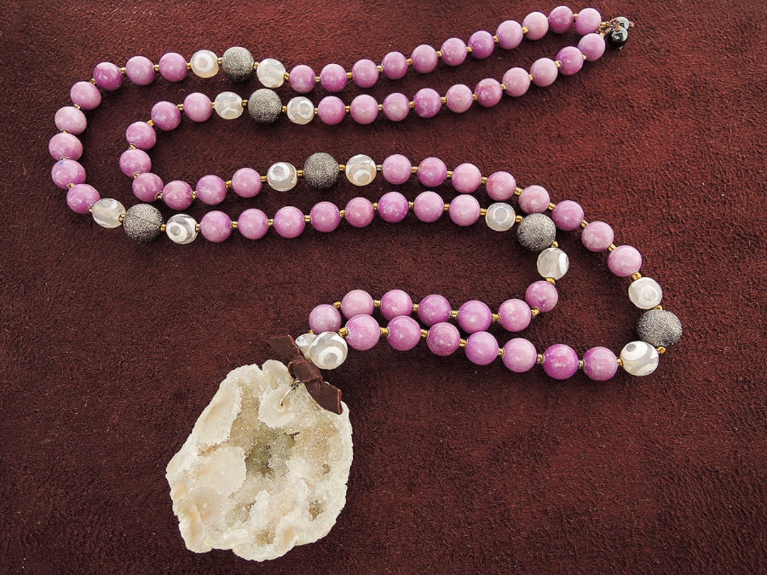 Sparkly White Geode, Pendant Necklace, Lavender Riverstone, Hematite ...