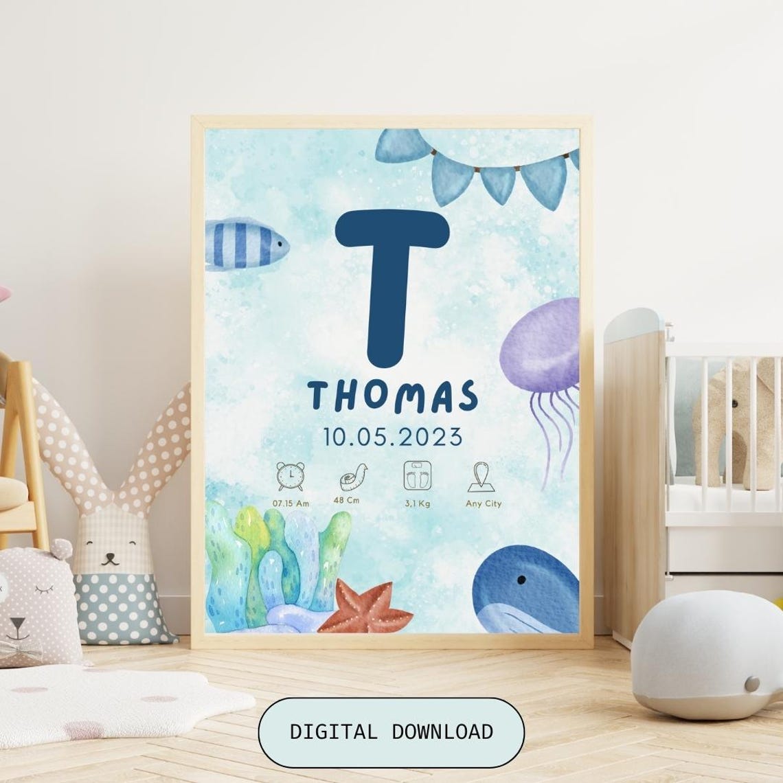 Personalized Ocean Theme Baby Birth Stats Print, Custom Nursery Wall ...