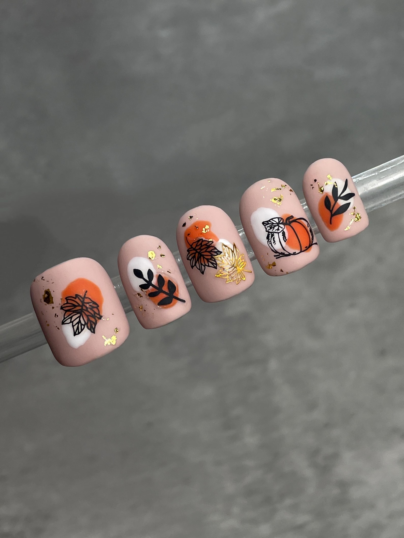 Fall Pumpkin & Leaf Nail Design Beige and Autumn Colors, Fall Press on ...